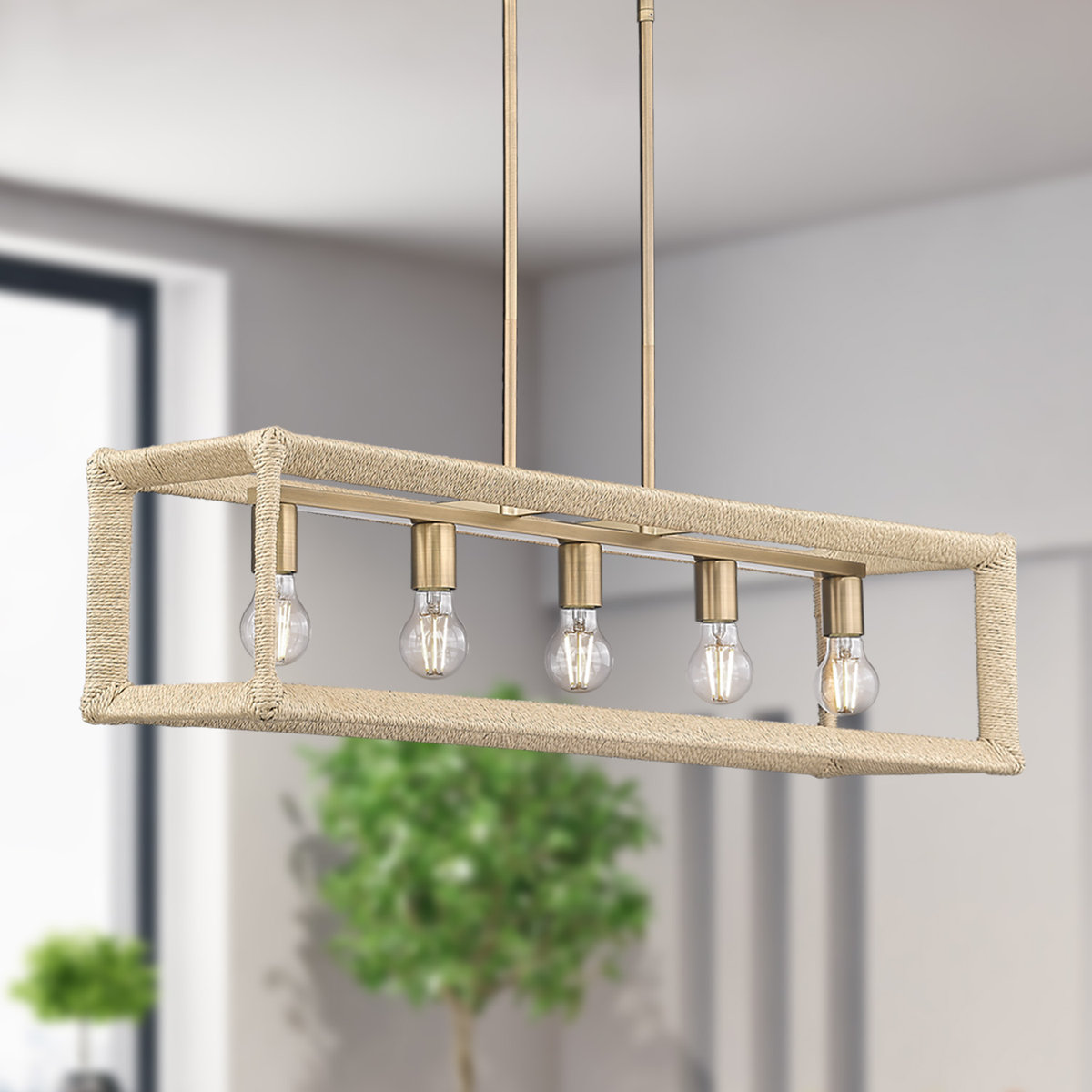 Gracie Oaks Jarim 5-Light Linear Pendant In Modern Brass With Light Natural Rattan Accents | Wayfair